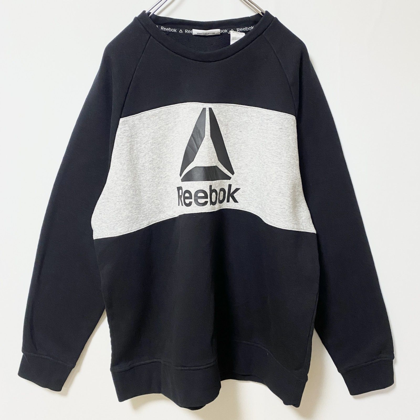 Used Reebok long-sleeved crew neck logo print sweatshirt with raglan sleeves, black, size L ...